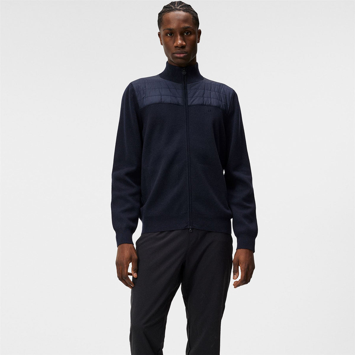 J.Lindeberg Bridge Merino Knitted Hybrid Sweater JL Navy | TRENDYGOLF.COM