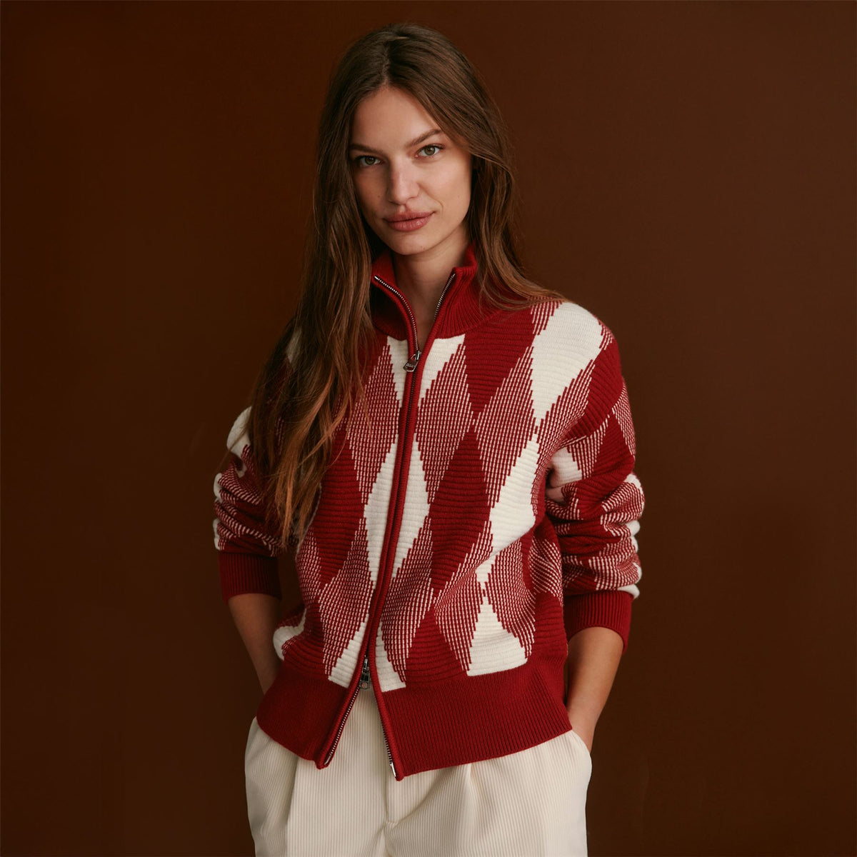 Varley Karina Jacquard Knit Jacket Red Dahlia | TRENDYGOLF UK